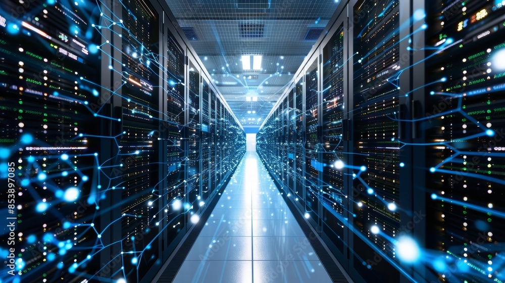 Shot of Corridor in Working Data Center Full of Rack Servers and ...