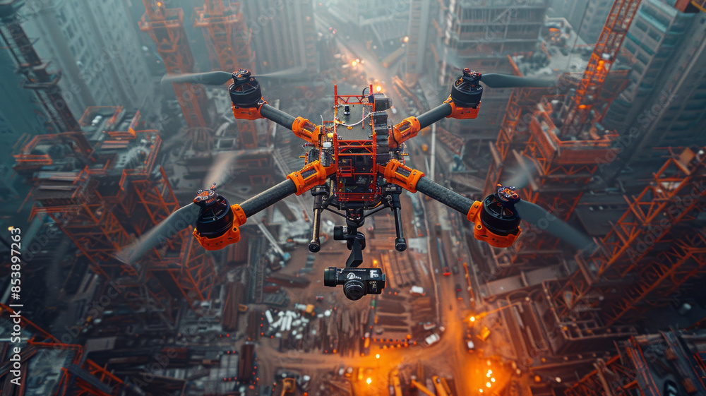 Drone hovers over a construction site, capturing cranes, workers, and ...