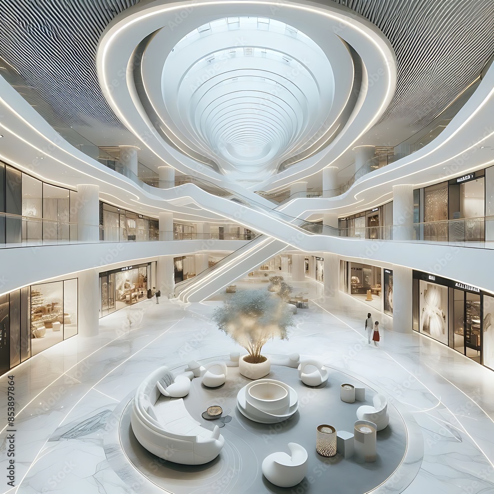 Modern commercial building interior with A large blank white screen ...