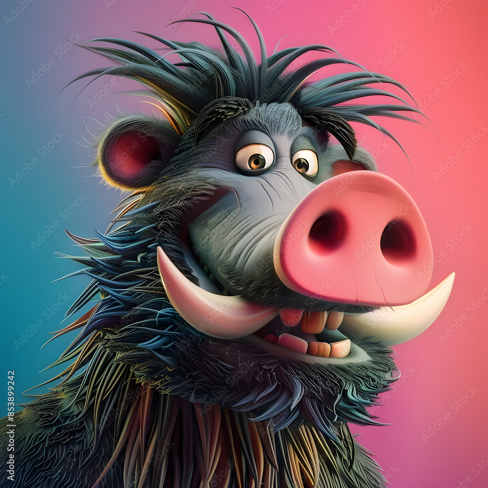 The boar 3D cartoon character stands out vividly against a multi ...