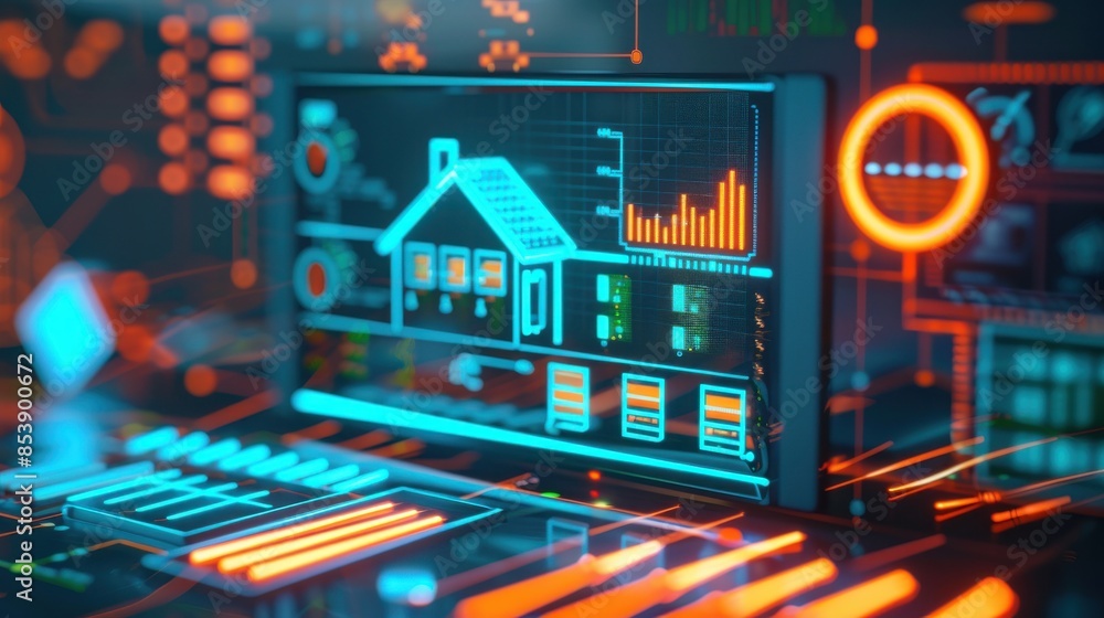 Futuristic technology interface displaying smart home analytics with ...