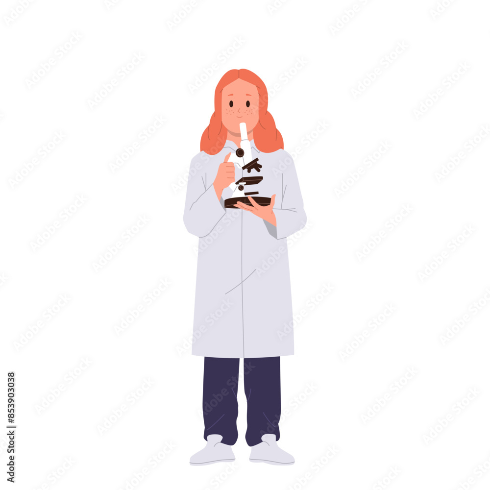 Little girl scientist cartoon character in lab coat holding microscope ...