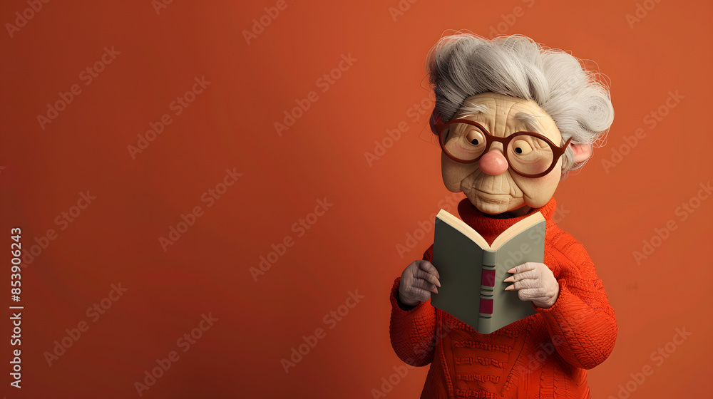 An old woman reading a book, depicted as 3D cartoon character,sits ...