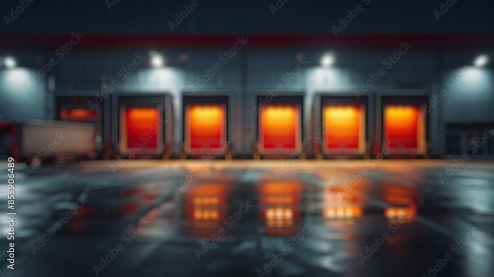 Blur background of loading docks with closed doors and a parked red ...
