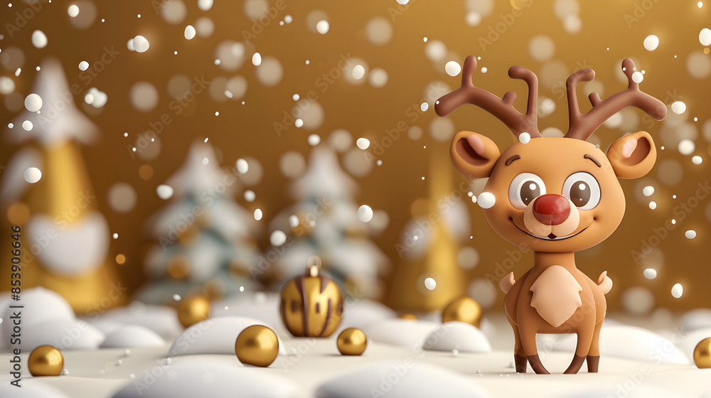 A reindeer 3D cartoon character stands proudly, its big, expressive ...
