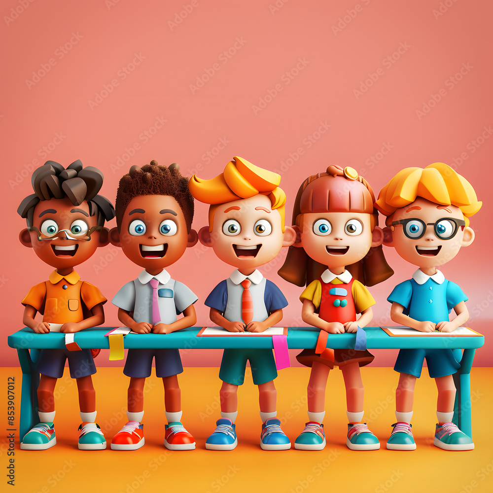 School children in class,depicted as 3D cartoon characters,eagerly ...
