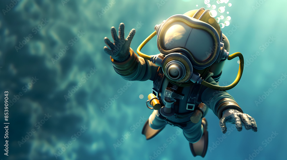 An underwater diver, depicted as a 3D cartoon character, explores the ...