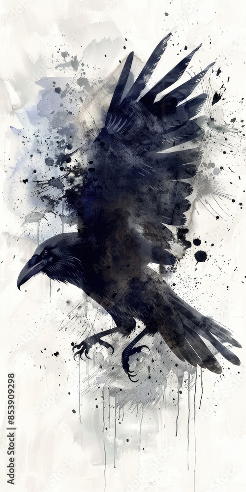 An abstract watercolor painting of a raven in mid-flight. The dark bird ...