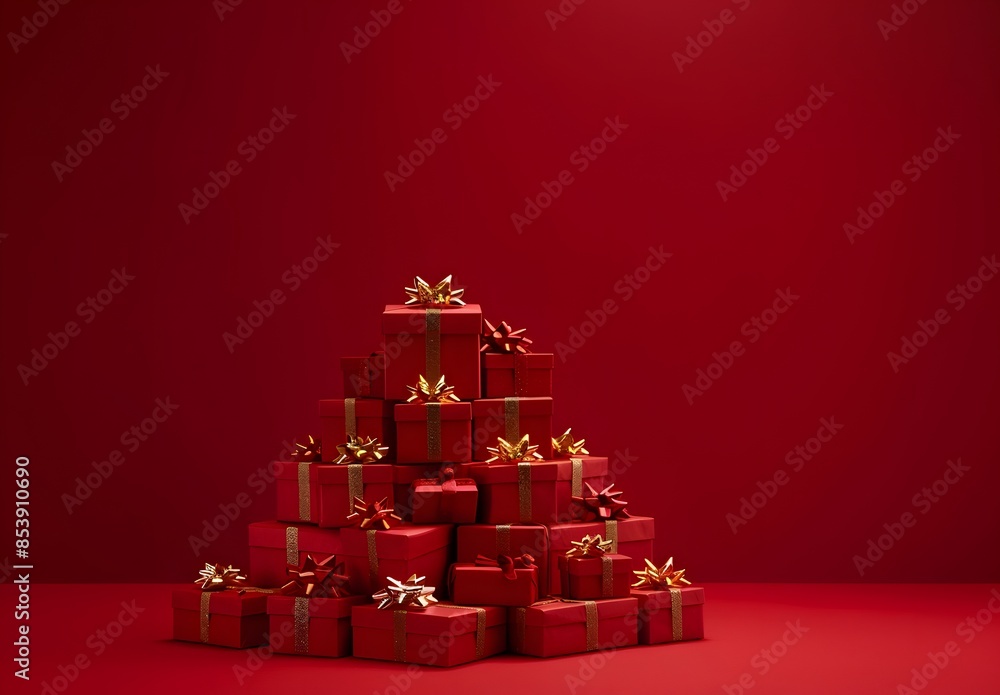 Tower of dark red gift boxes with golden bows on a red background, a ...