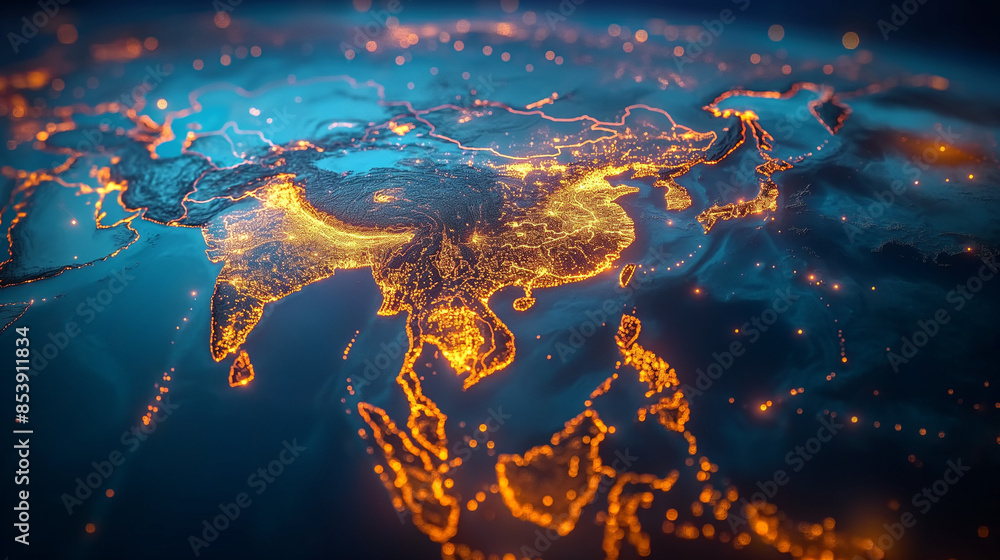 Aerial Map of Asia with China's Deep Blue and Glowing Orange Lights ...