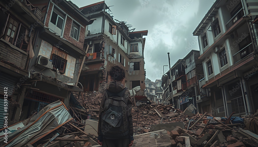 Kid standing in front of the rubble left by an earthquake, looking at ...
