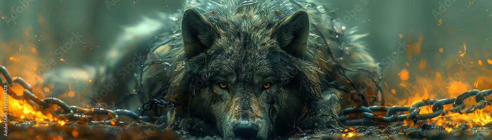 Fenrir in Chains The mighty wolf Fenrir bound in magical chains Stock ...