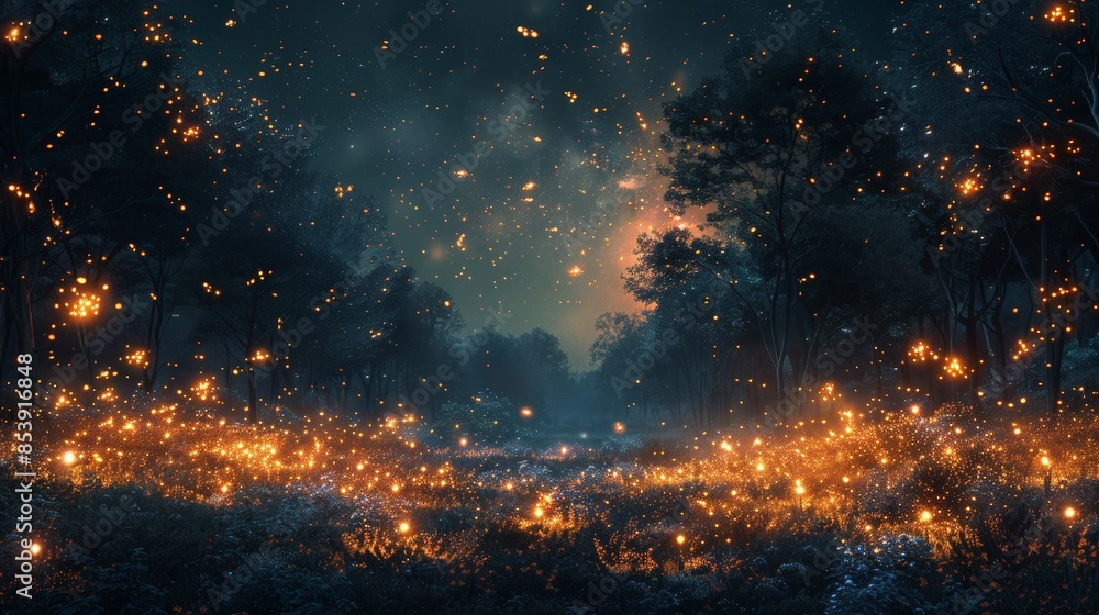Firefly Night Scene: Illustrate a night scene with fireflies lighting ...