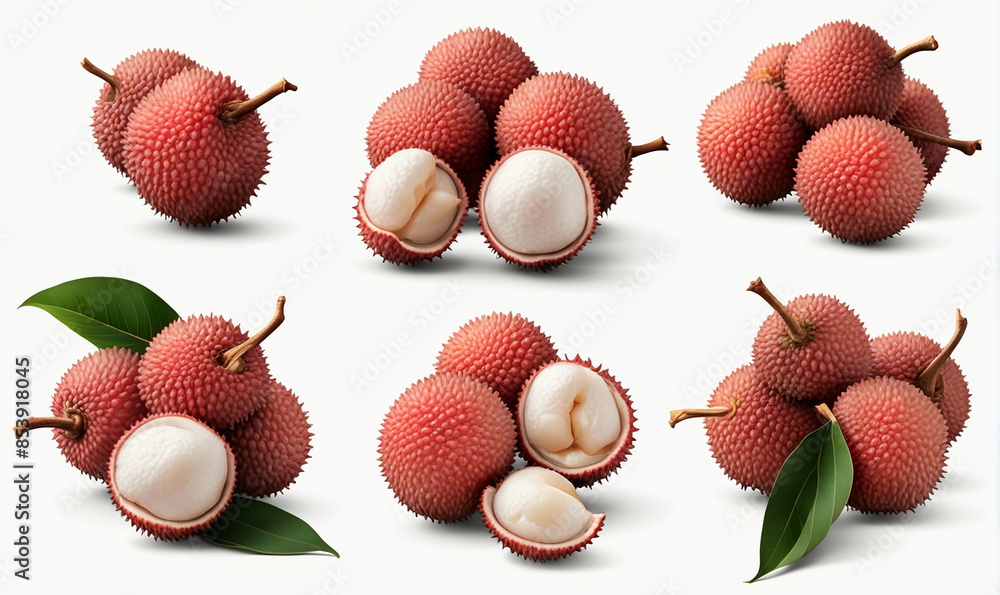 Lychee litchi lichee fruit, many angles and view side top front group ...