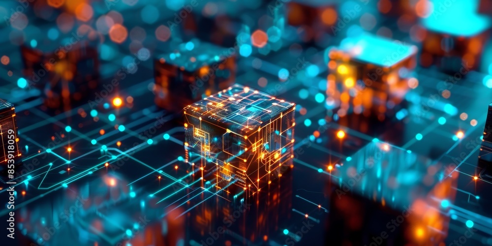 Cube technology on Converging point of circuit with Abstract blue background. Blockchain Network ...