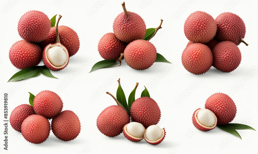Lychee litchi lichee fruit, many angles and view side top front group ...