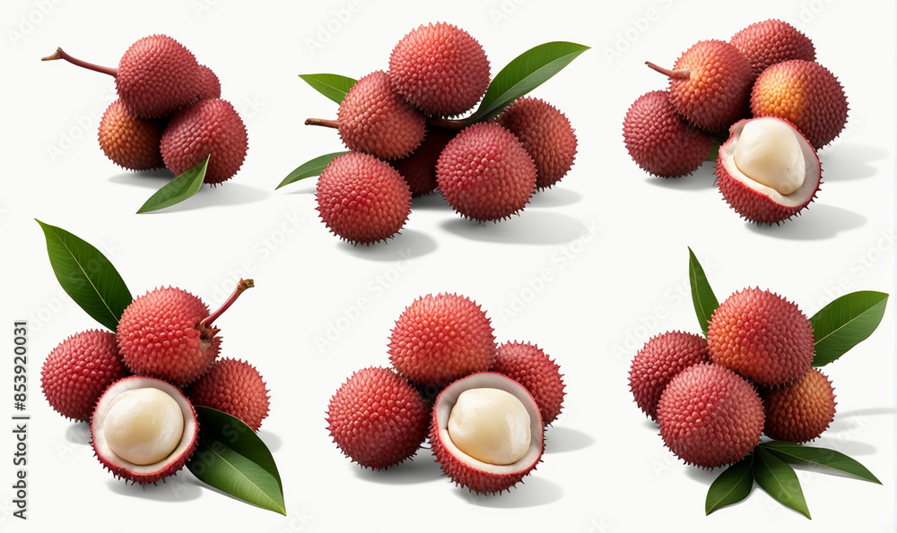 Lychee litchi lichee fruit, many angles and view side top front group ...