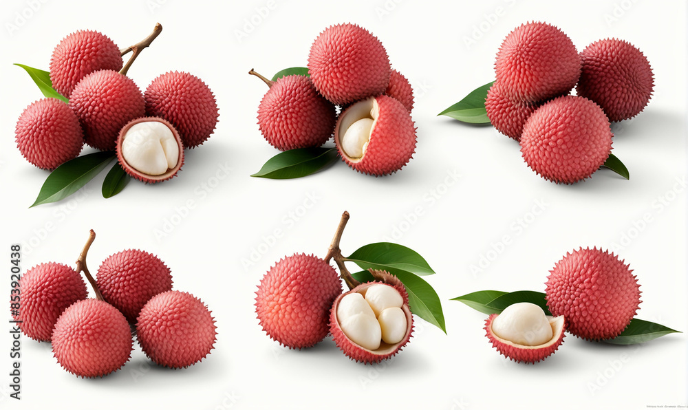 Lychee litchi lichee fruit, many angles and view side top front group ...