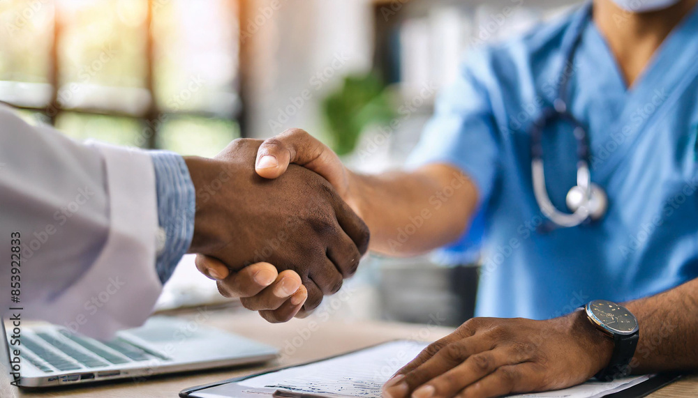 doctor's hand shaking hands with a patient's hand in a bright, modern ...