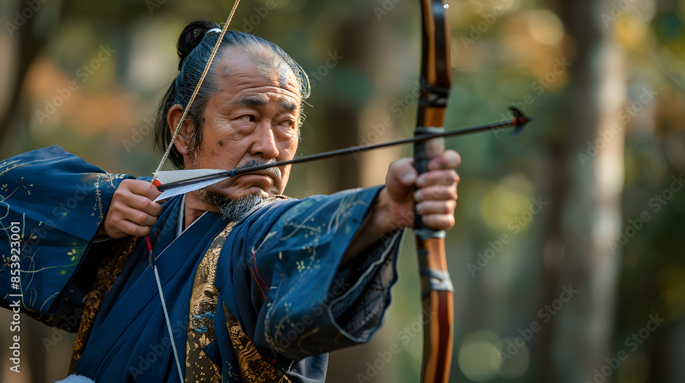 Samurai archer in traditional clothing aiming a yumi bow. foto de Stock ...