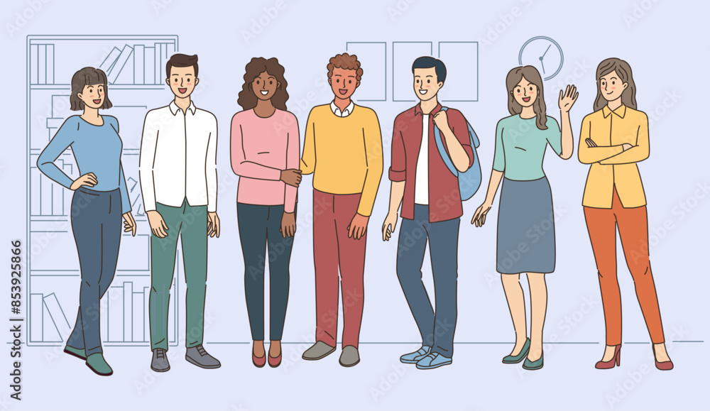 Students group. Young people in school. Happy youth. Standing men and ...