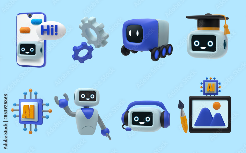 Chatbot robot. 3D android assistant. Mobile app. AI support character ...