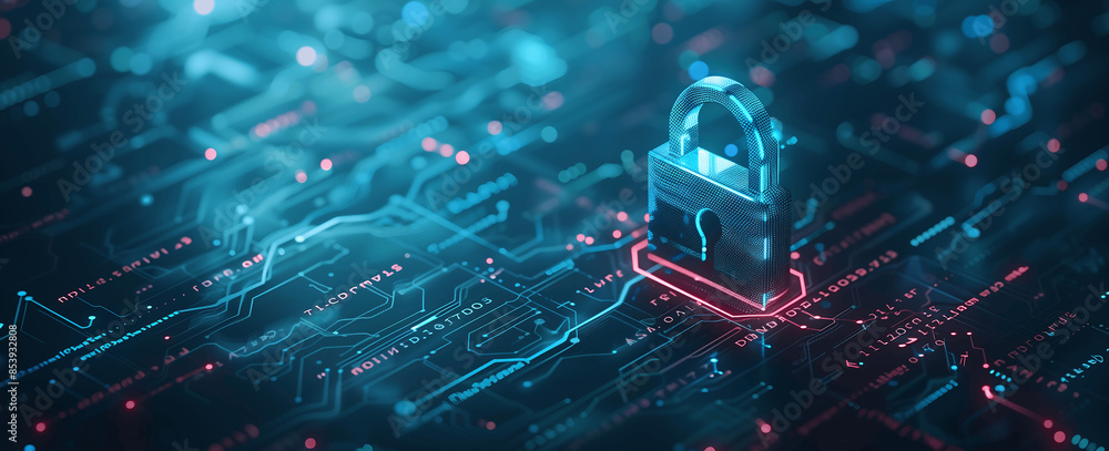 Cyber security banner with padlock in blue and red colours Stock ...