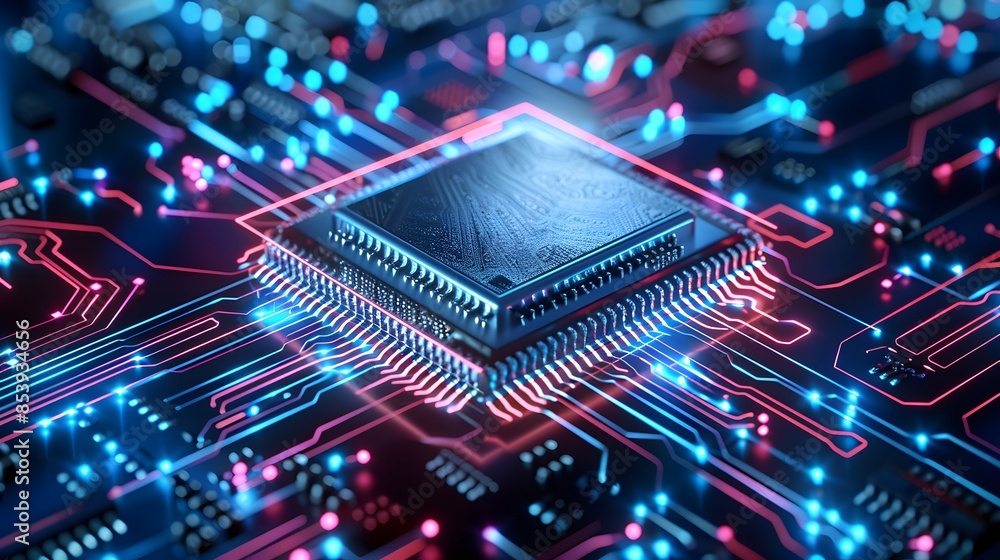 A high-tech clipart of a computer chip with neon circuits and glowing ...