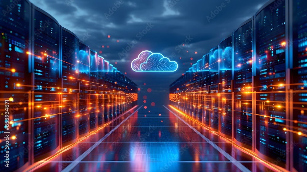 A Clipart Of A Cloud Server Farm With Data Icons And Connectivity Lines Illustrating Cloud