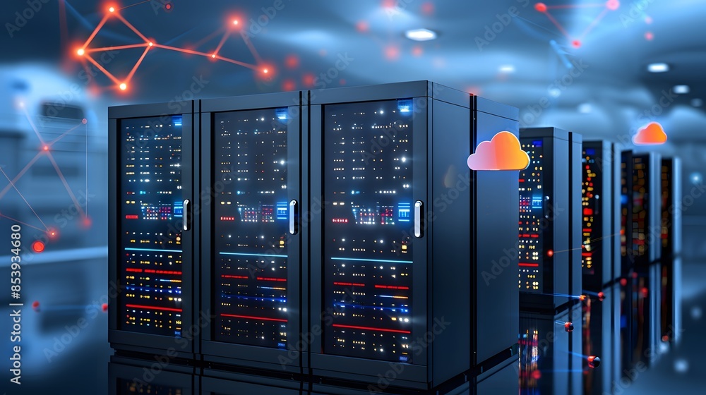 A clipart of a cloud server farm with data icons and connectivity lines ...