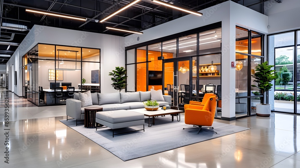 A modern tech company's office with sleek, open-plan workspaces and ...