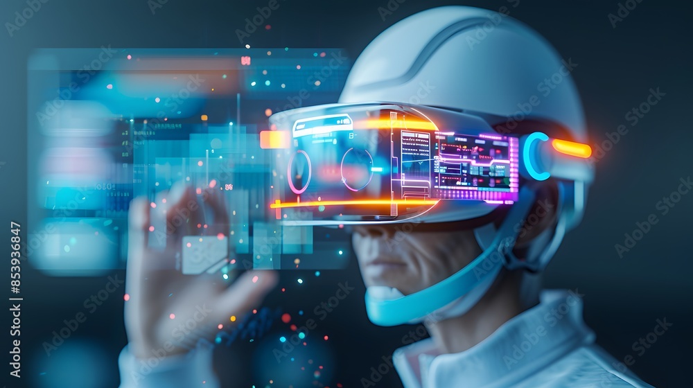 A construction worker using augmented reality (AR) glasses to visualize ...