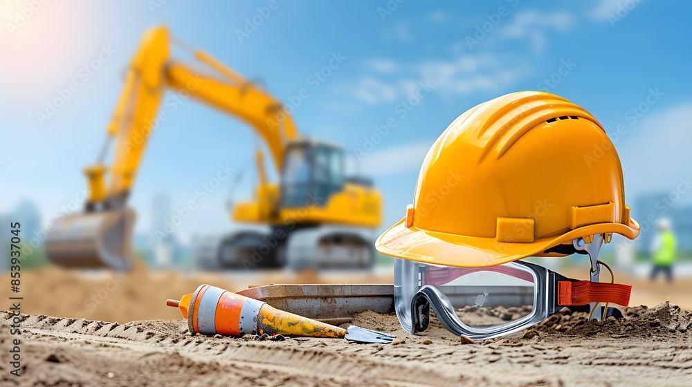 A construction site with advanced safety equipment, such as smart ...