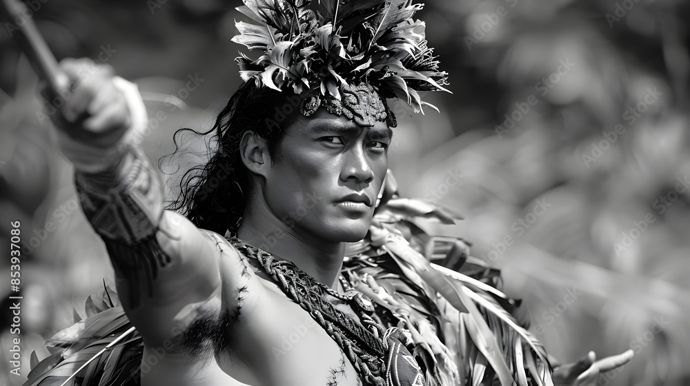 Hawaiian warrior in tapa cloth attire and feathered cape, performing a ...