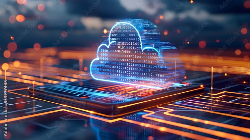 An abstract representation of cloud storage, featuring a digital cloud ...