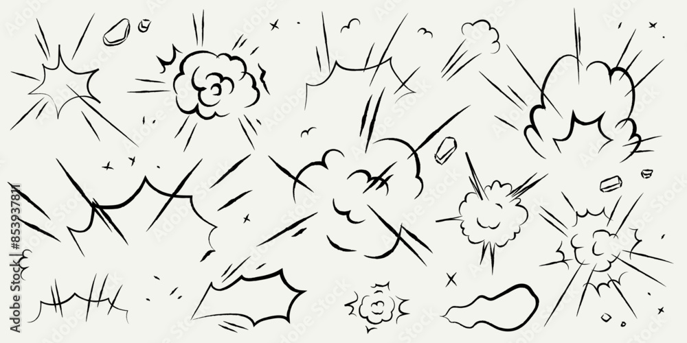 Bomb explosion in cartoon doodle style. Hand drawn comic boom bang ...