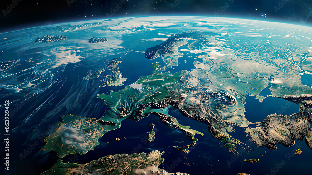 Photorealistic image of Europe seen from space detailed continents and ...