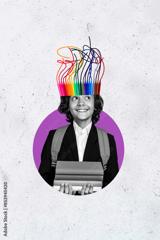 Vertical photo collage of funny schoolboy cut head marker supplies hold ...