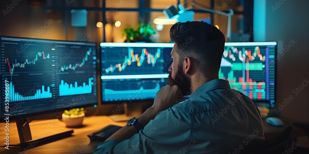 Investment banker works late nights at office using multiple monitors ...