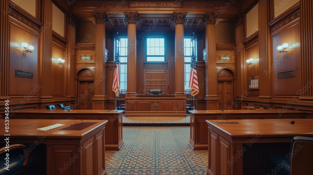 Ornate wooden interior of grand courtroom architecture. Elegant ...