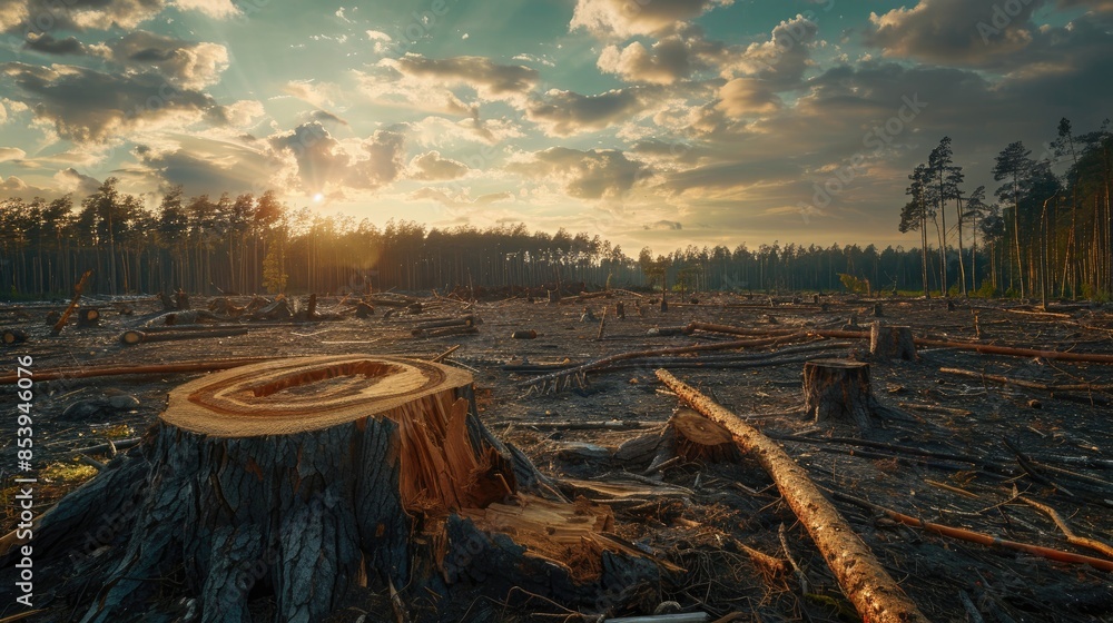 Deforested area with tree stumps at sunset, highlighting the effects of ...