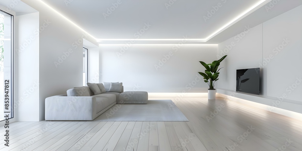 LED strip lights illuminate modern home interior with suspended design ...