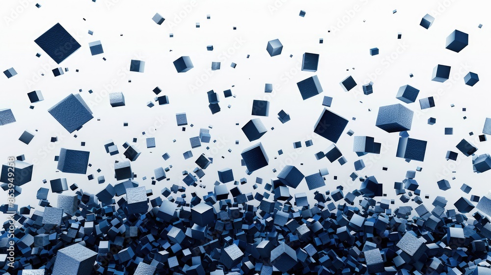 Abstract art design of floating blue cubes on a white background ...