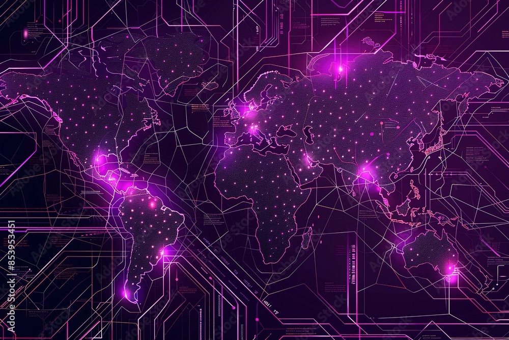 seamless pattern flat illustration style, world map Glowing digital ...