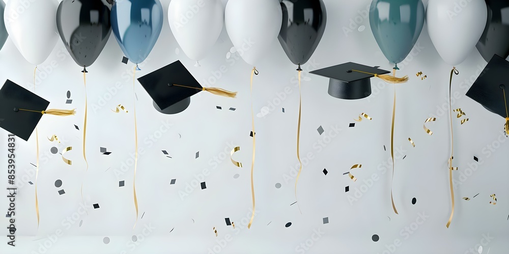 Black graduation caps and confetti falling against white background ...