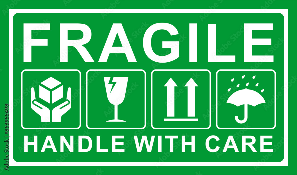 Green fragile package icons set, handle with care logistics and delivery shipping labels ...