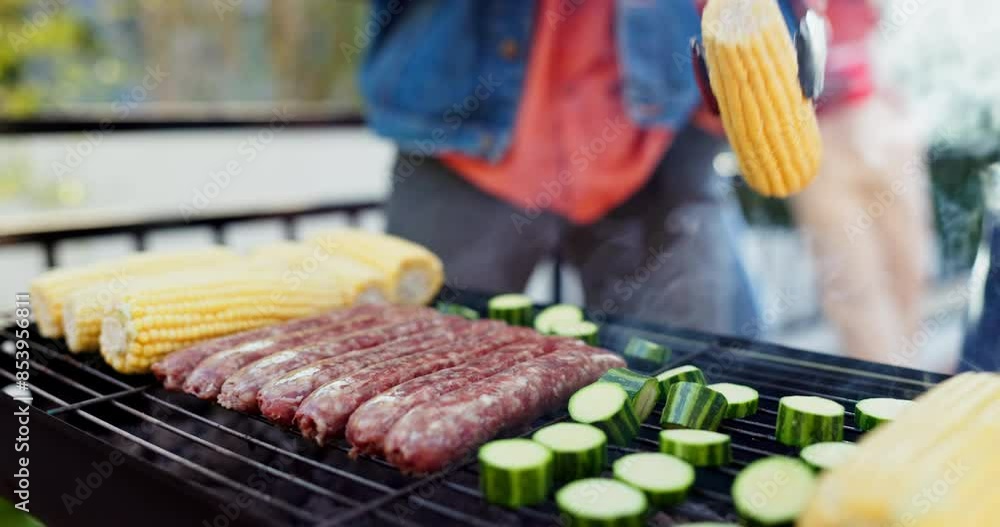 Grill, food and barbeque dinner for party, meat and outdoor backyard ...