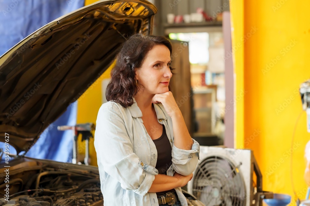 Female customer with thoughtful expression standing next to open car ...