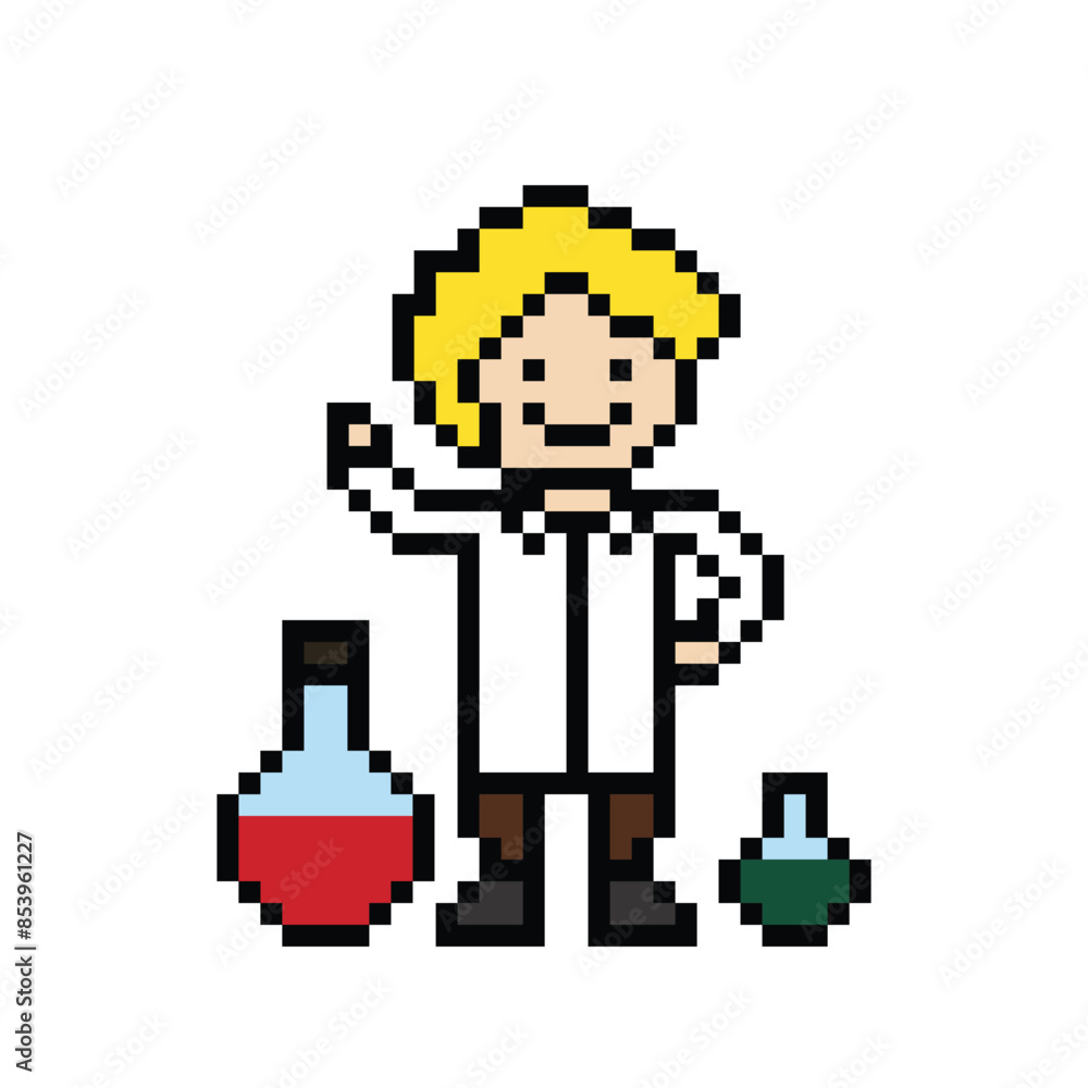 Cute pixel cartoon 8bit character doctor or scientist game care vector ...
