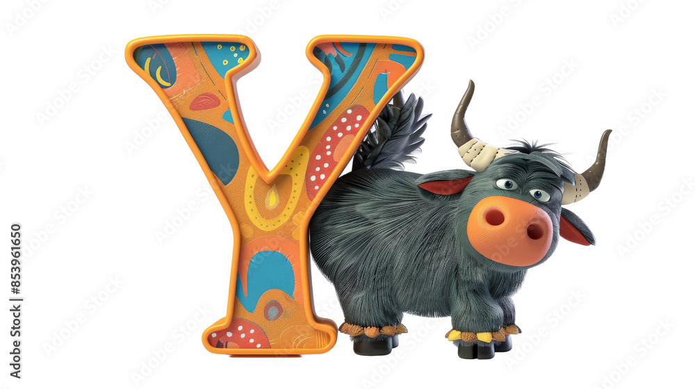 A whimsical 3D cartoon letter Y featuring a playful yak character on a ...